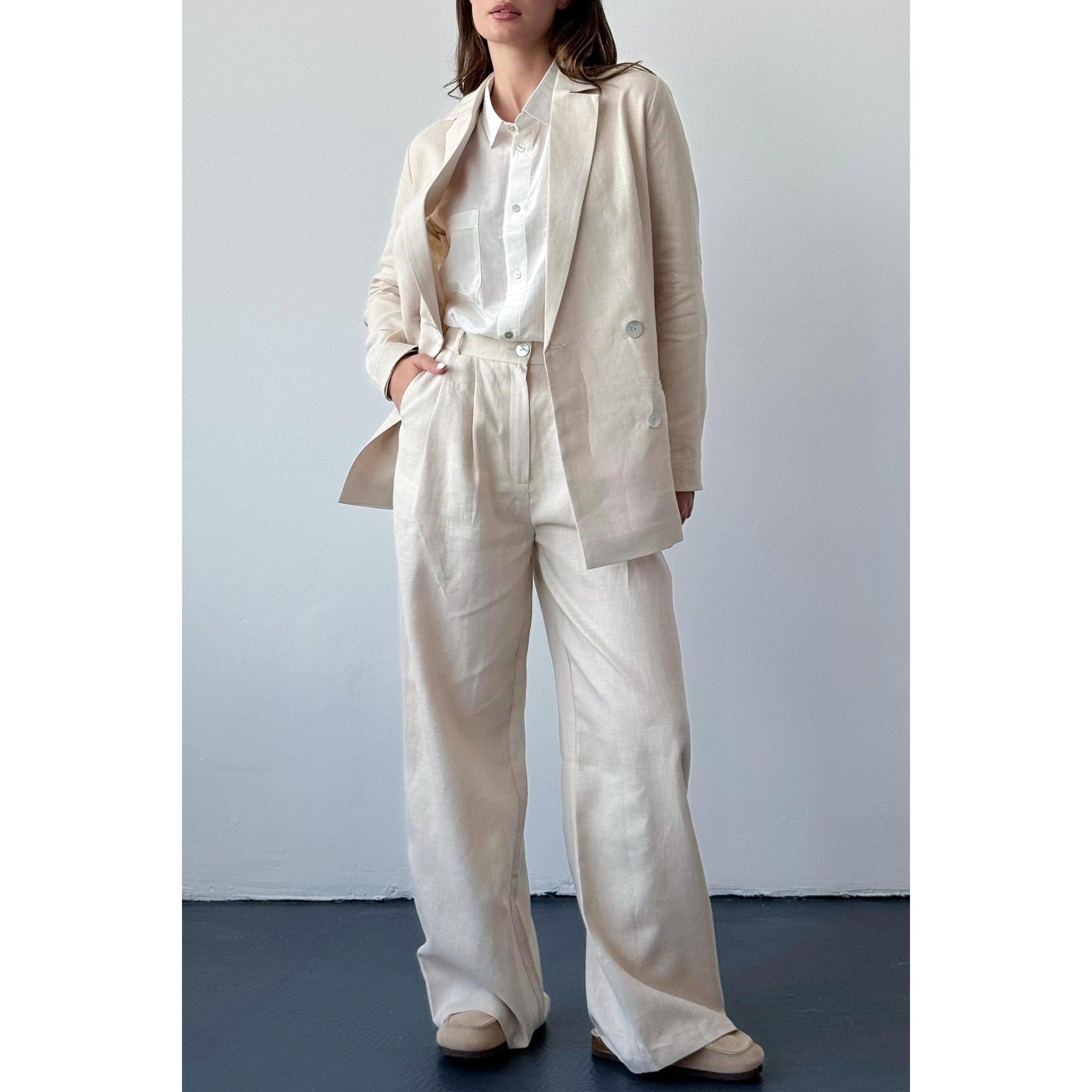 SoloveDress Beige 2 Piece Spring Summer Notch Lapel Linen Women Suit ...