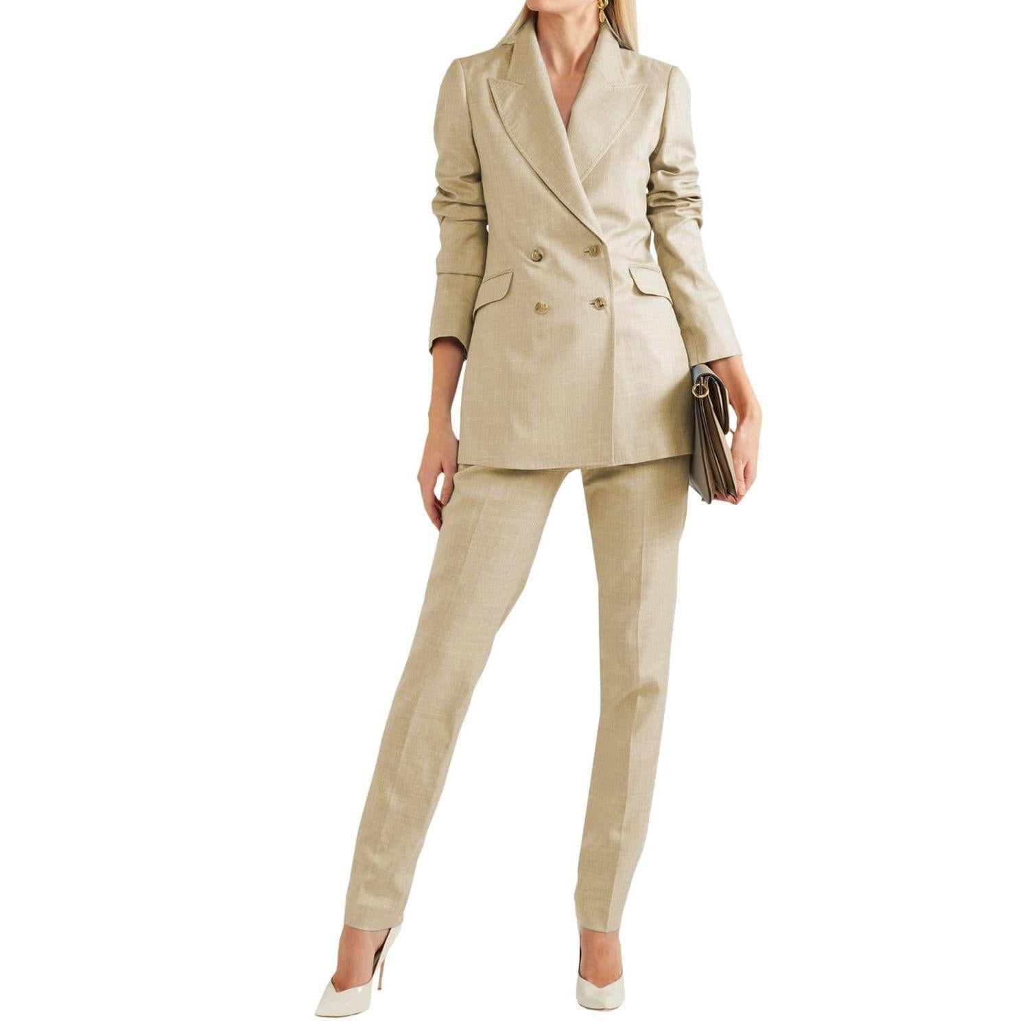 SoloveDress Women Linen Suit 2 Piece Peak Lapel Double Breasted Jacked ...